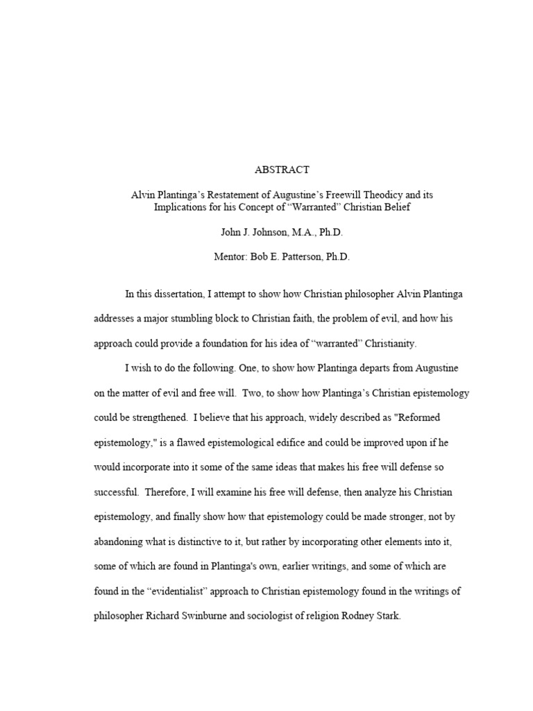Alvin Plantinga's Restatement of Augustine's Free Will Theodicy and Its ...
