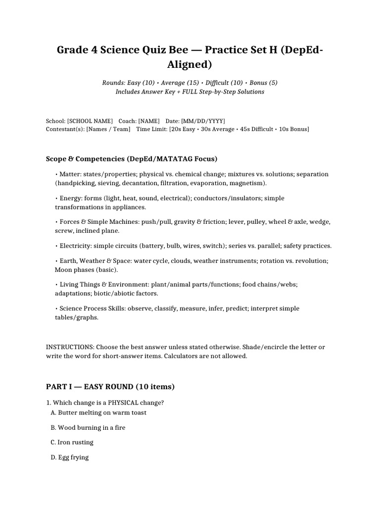 Grade 4 Science Quiz Bee Practice Set H | PDF | Water | Earth