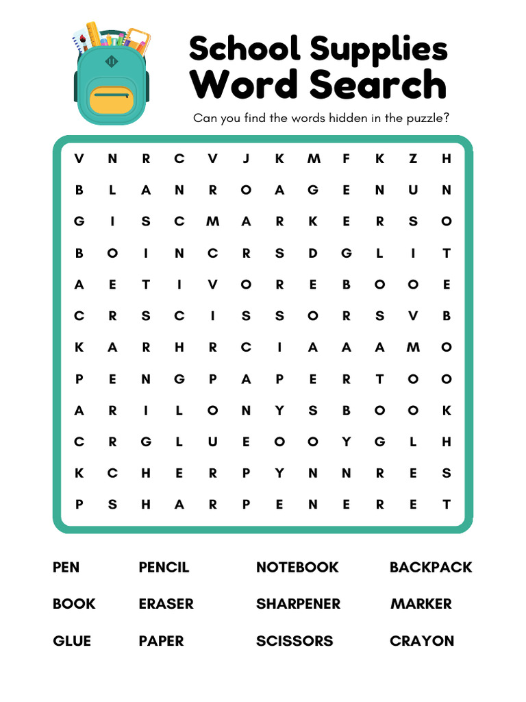 School Supplies Word Search Worksheet | PDF