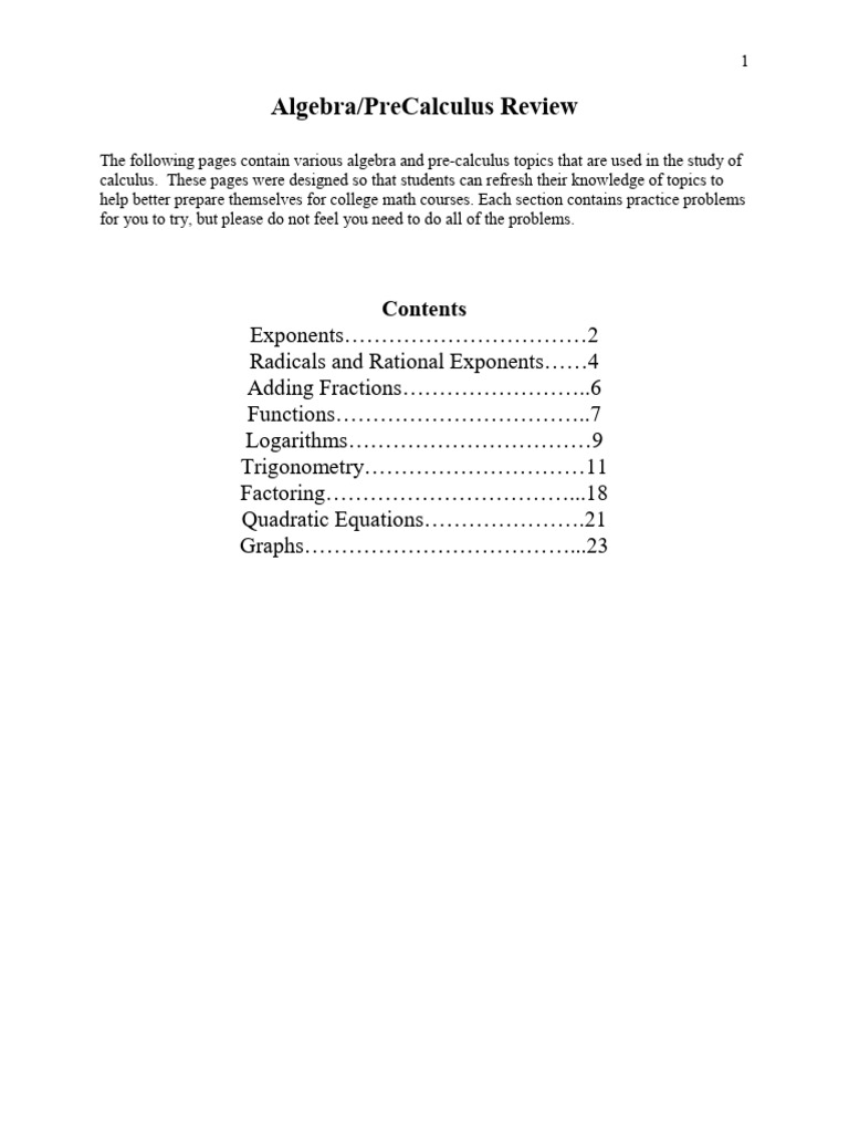 Algebra and Pre-Calculus Review Guide | PDF | Logarithm | Exponentiation