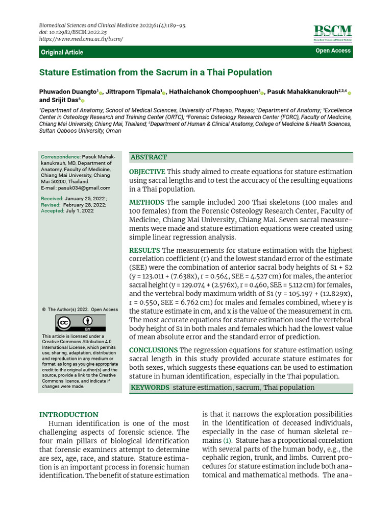 Stature Estimation from the Sacrum in a Thai Population | PDF | Student ...