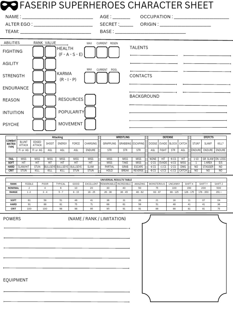 FASERIP Superheroes Character Sheet | PDF