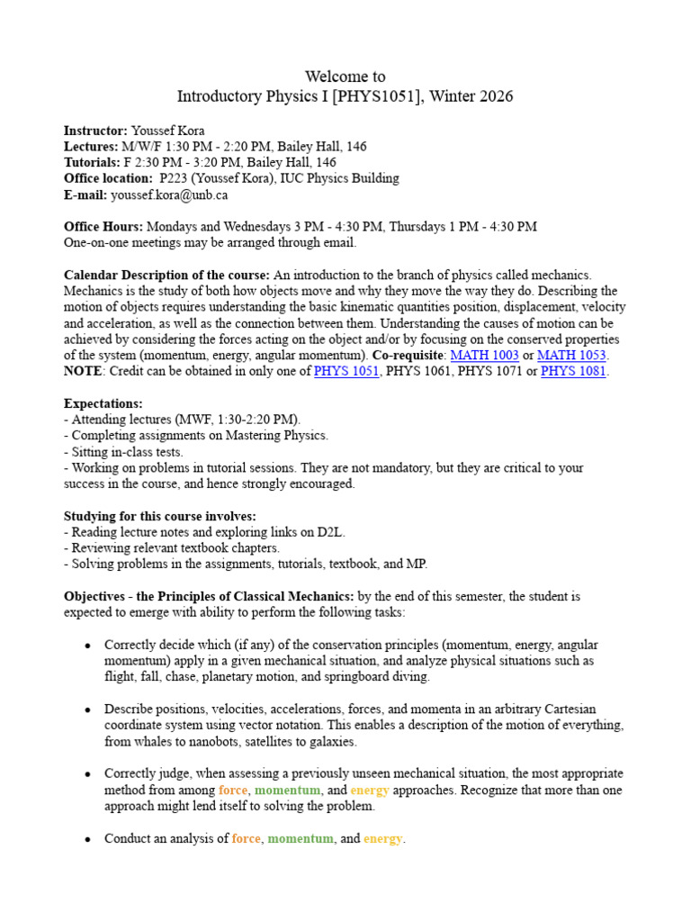 Syllabus PHYS1051 Winter2026.Docx | PDF | Momentum | Force