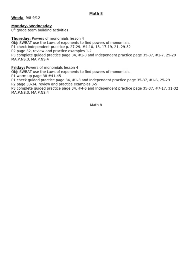week sept 8 Math 8 | PDF