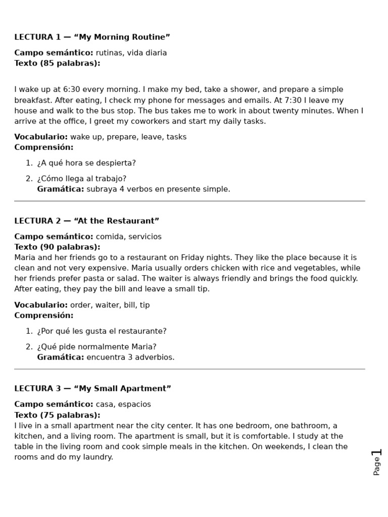 LECTURA 1NIVEL A1 A2 | PDF | Reading Comprehension | Learning