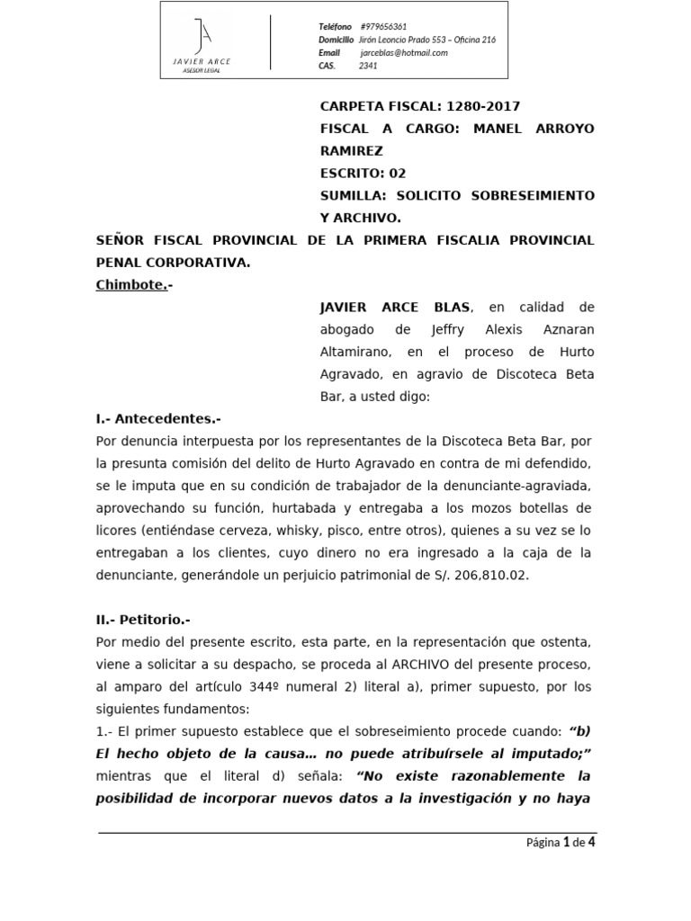 Jeffry Aznaran - Solicito Sobreseimiento | PDF | Robo | Fiscal