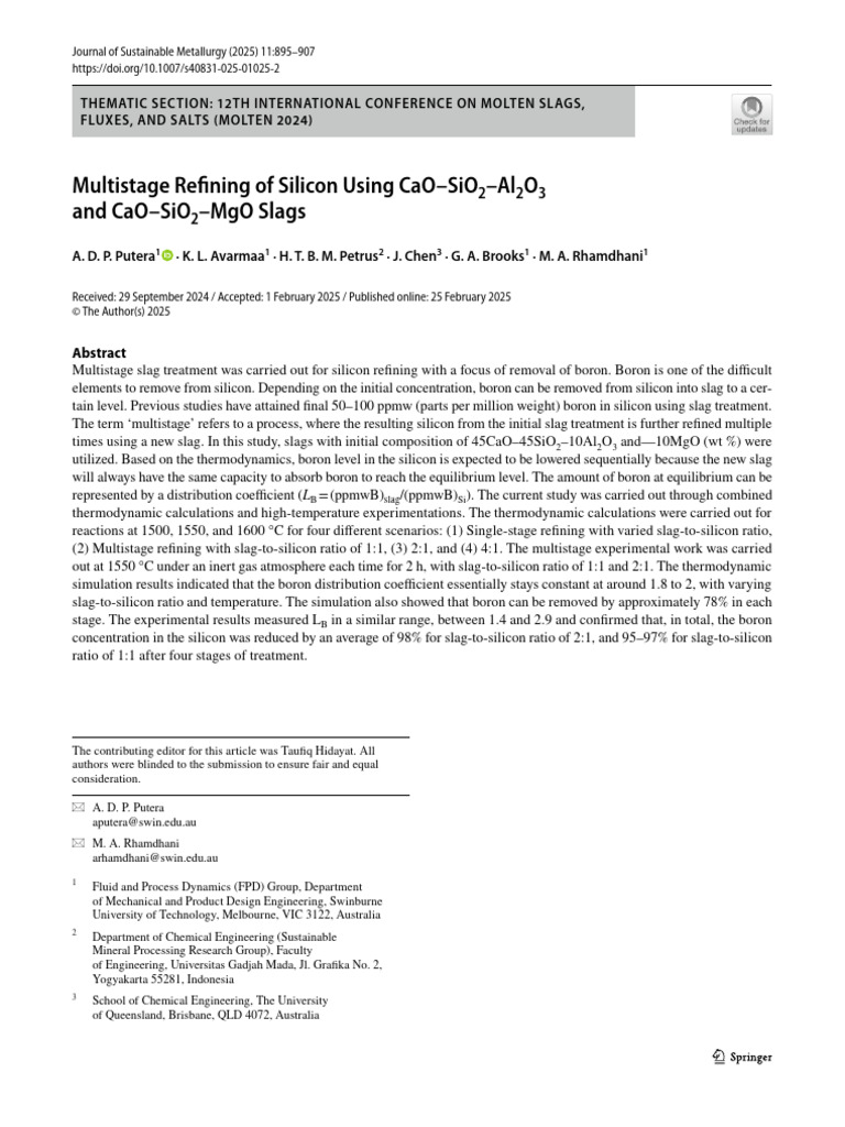 Multistage Refining of Silicon Using CaO–SiO2–Al2O3 and CaO–SiO2–MgO ...