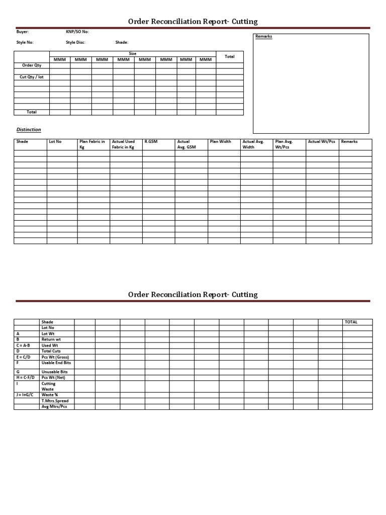 Cutting Order Reconciliation Report | PDF