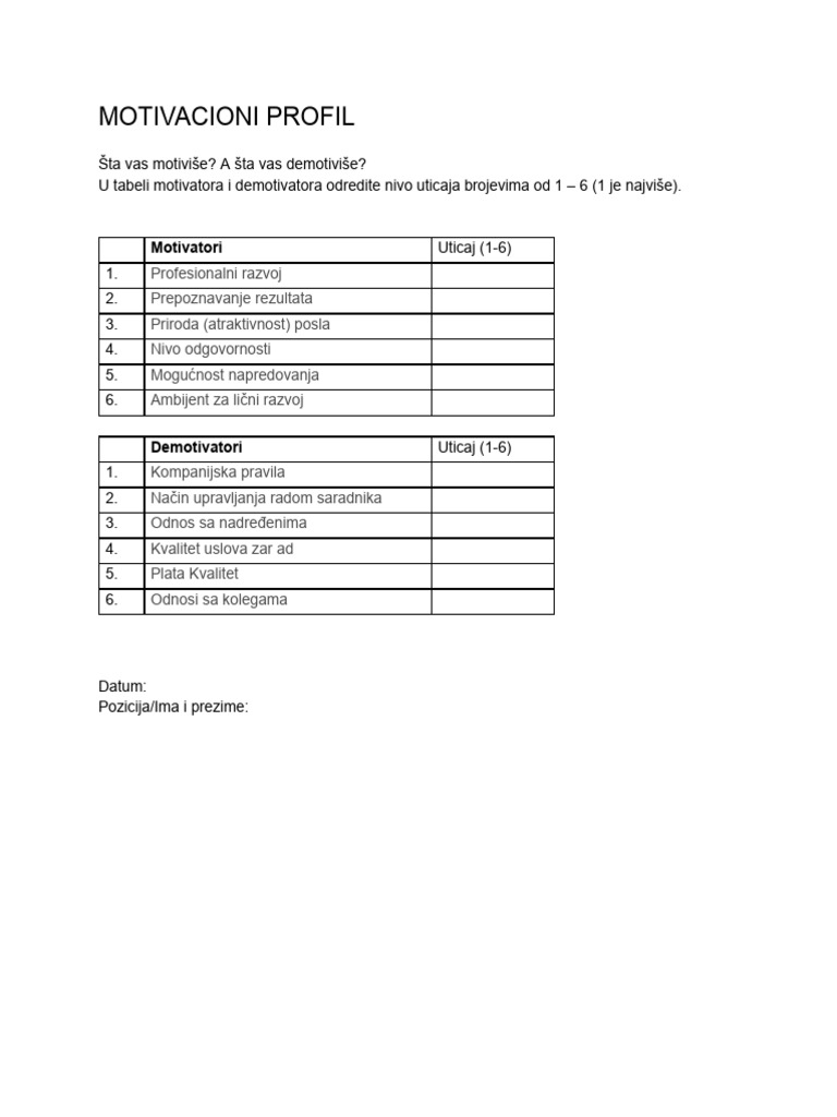 Motivacioni Profil Obrazac | PDF