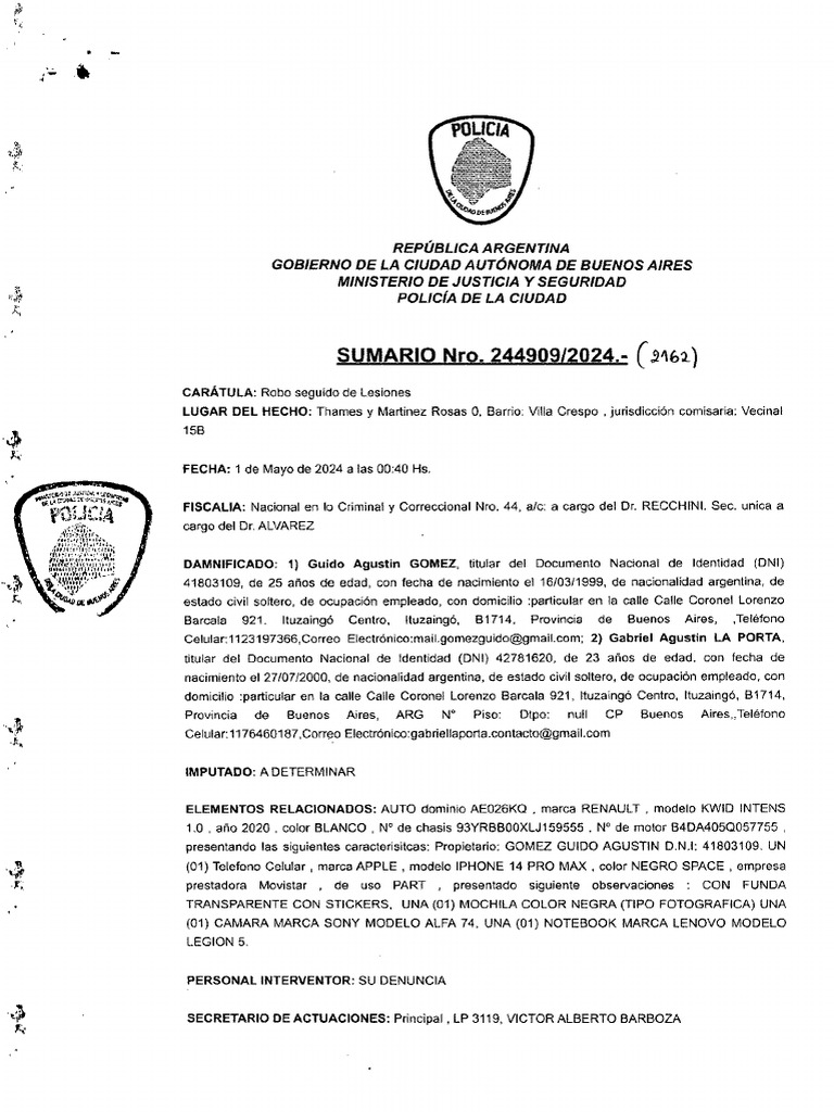 244909 2024 Robo y Lesiones (Denuncia) | PDF