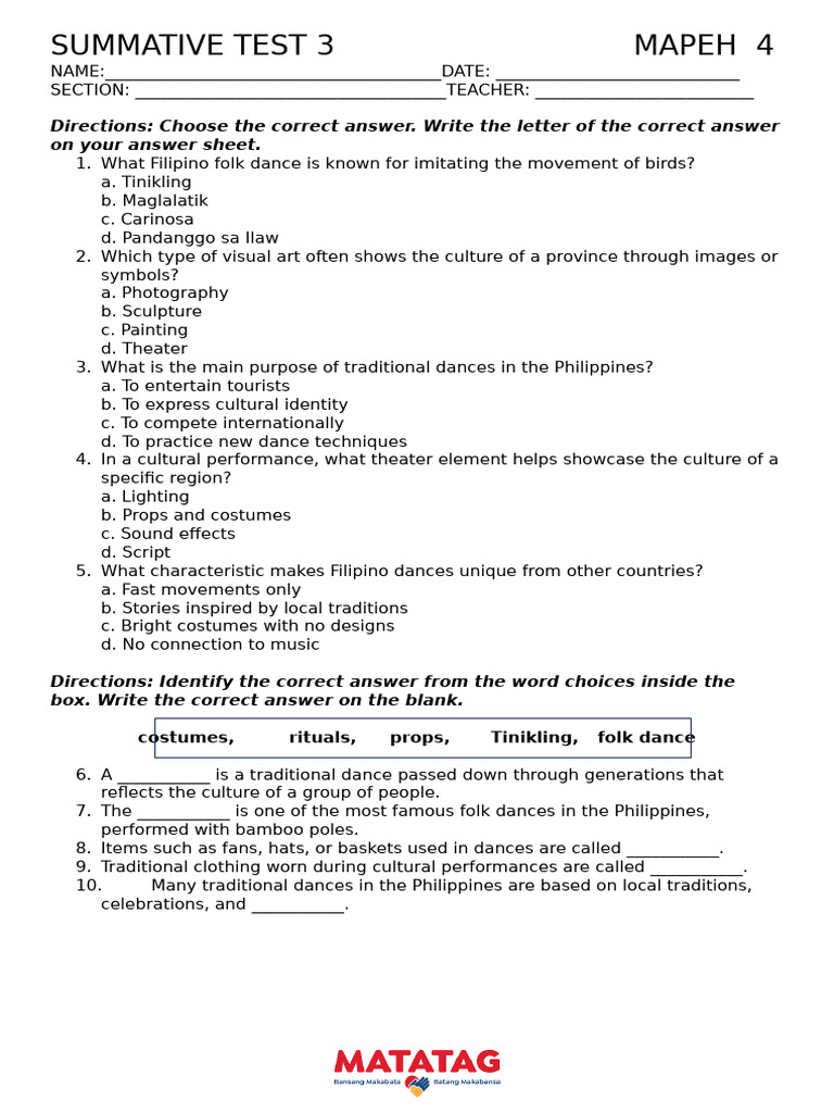 Mapeh 4 Summative 03 | PDF | Dances | Costume