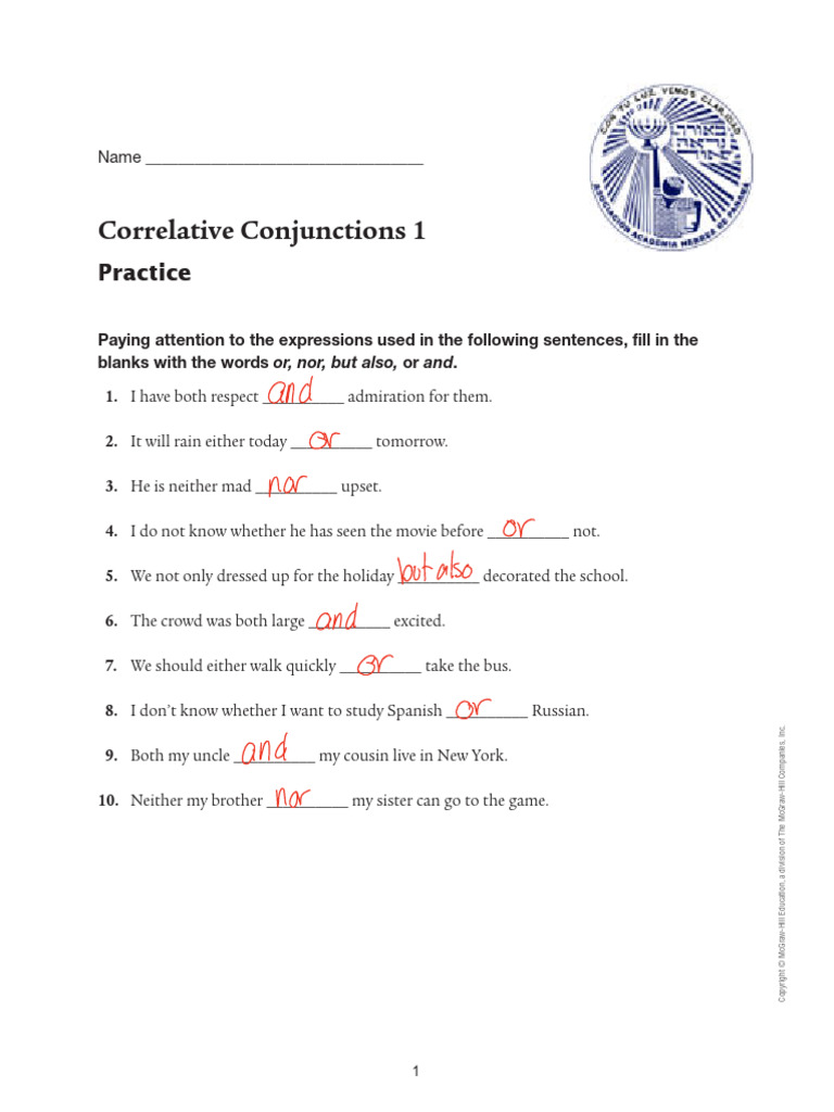 Correlative Conjunctions Practice Worksheet | PDF