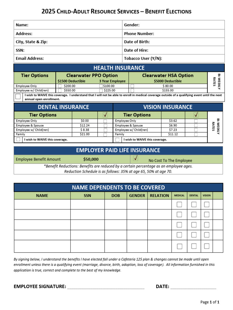 1-1-2025 Benefit Election Sheet | PDF | Consolidated Omnibus Budget Reconciliation Act Of 1985 ...