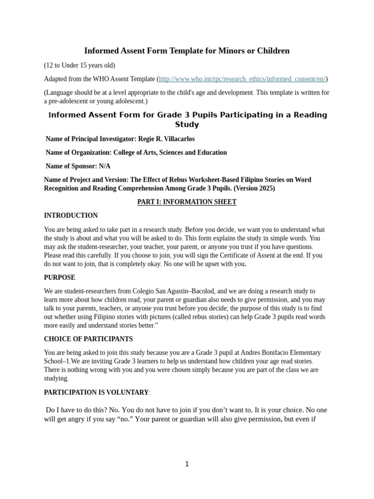 Informed Assent Form Template for Minors or Children | PDF | Learning ...