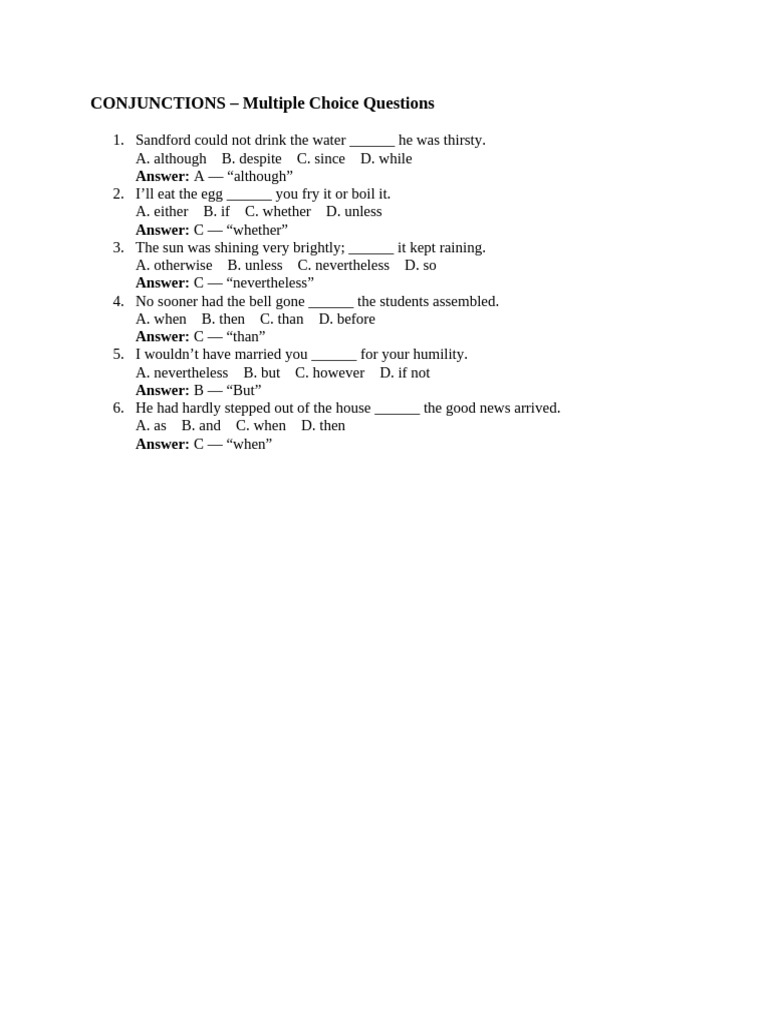 Conjunctions Quiz: Multiple Choice Questions | PDF