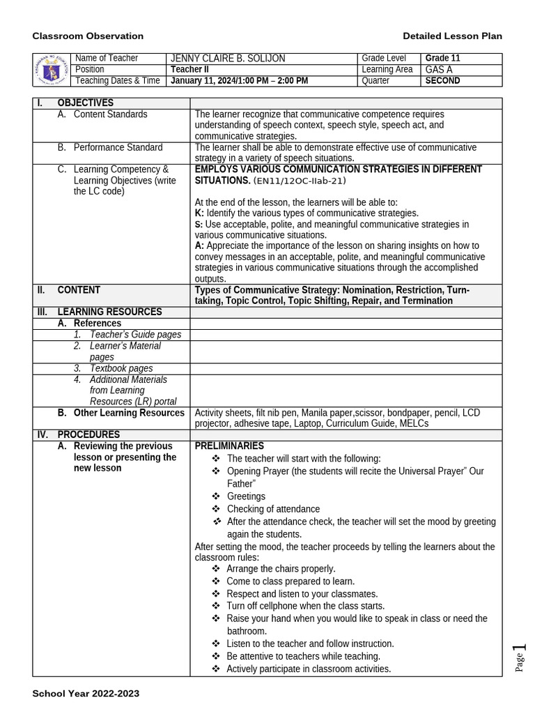Grade 11 Communicative Strategies Lesson Plan | PDF | Lesson Plan ...
