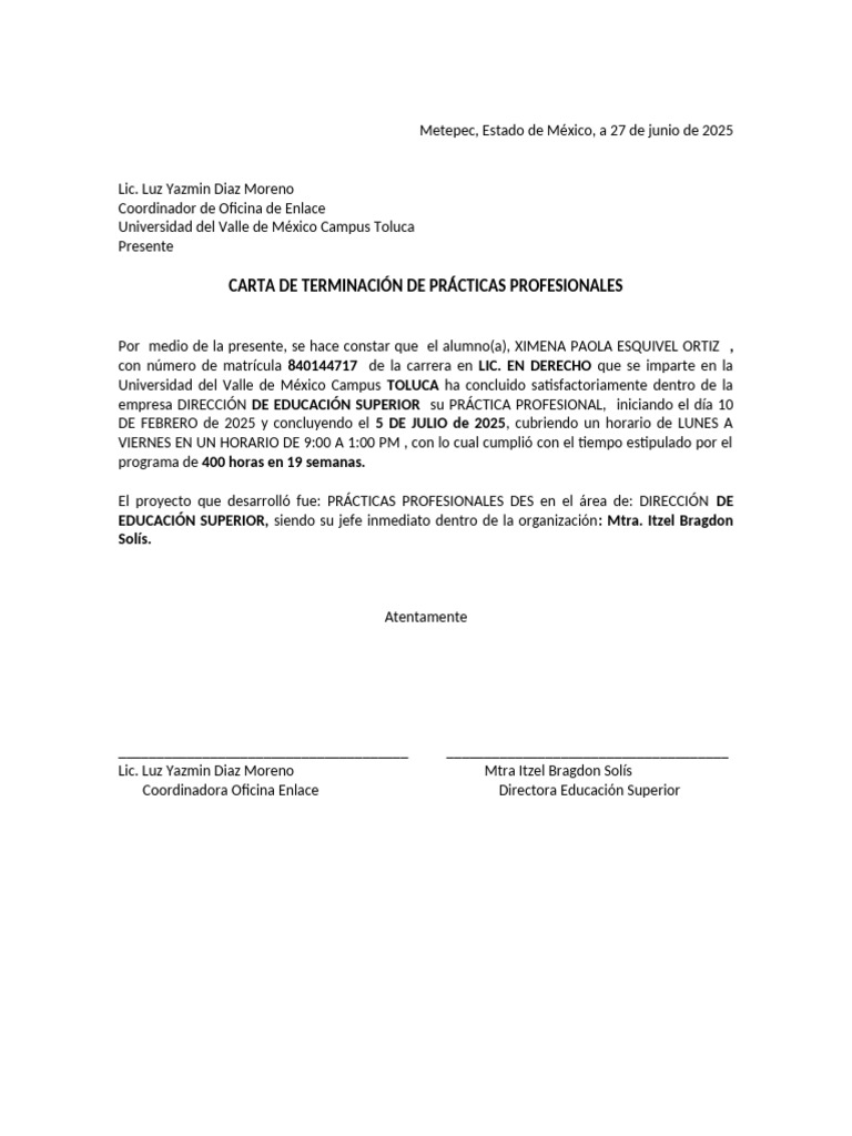 Formato Carta de Termino Prácticas Profesionales UVM (4) | PDF