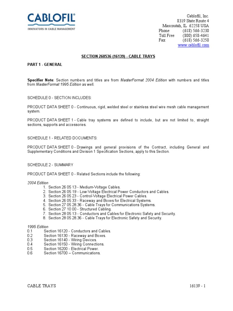 Cablofil CSI MasterFormat Spec-Full | PDF | Galvanization | Cable