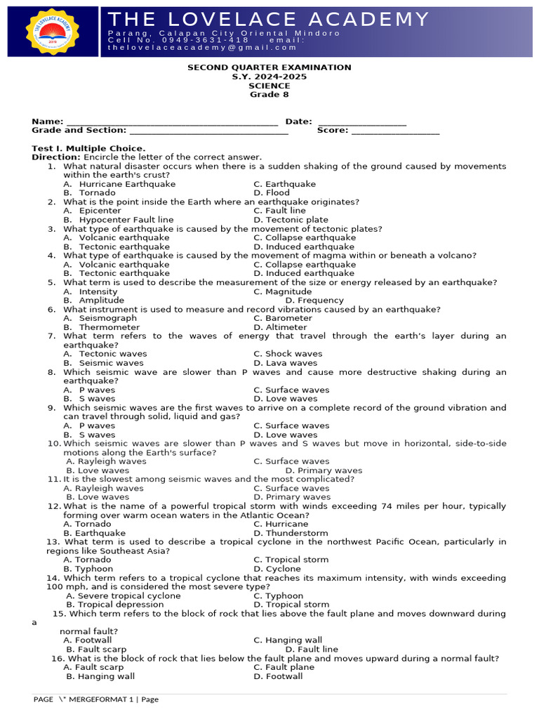 Exam for grade 8 science | PDF | Meteoroid | Earthquakes