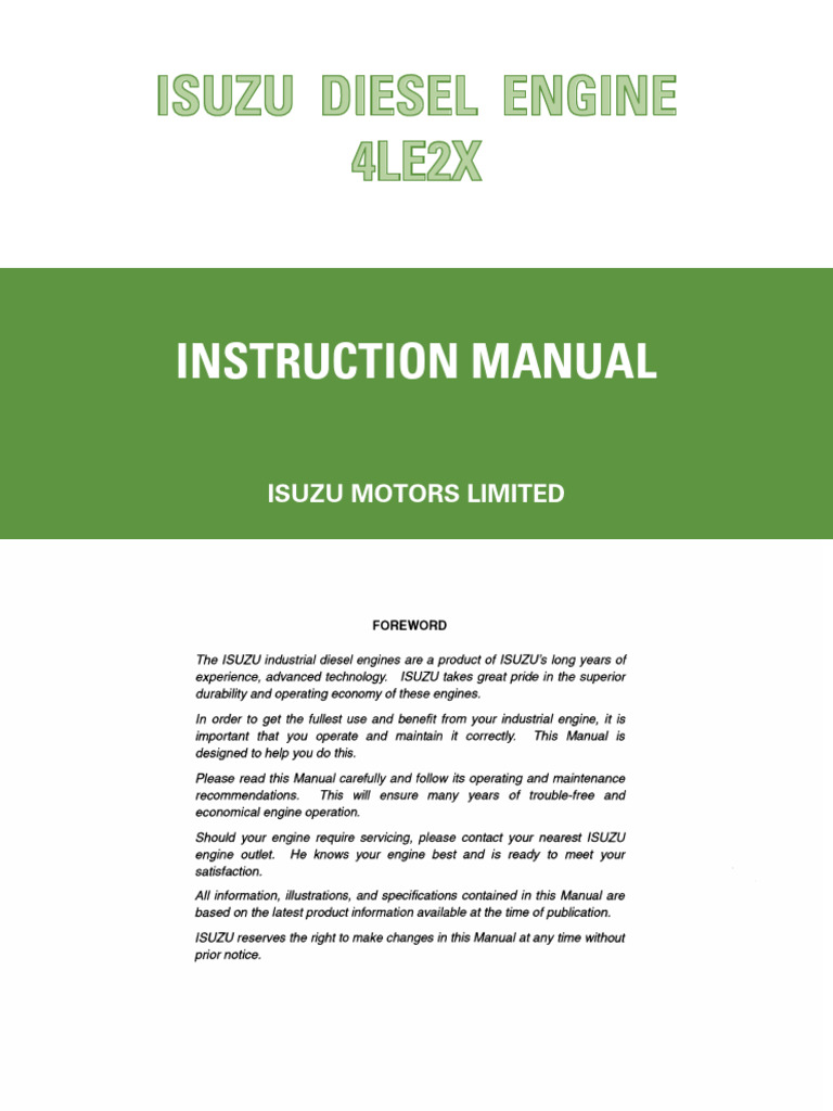 Isuzu Diesel Engine 4LE2X Instruction Manual 4LE2 (Tier 4i Stage 3a ...