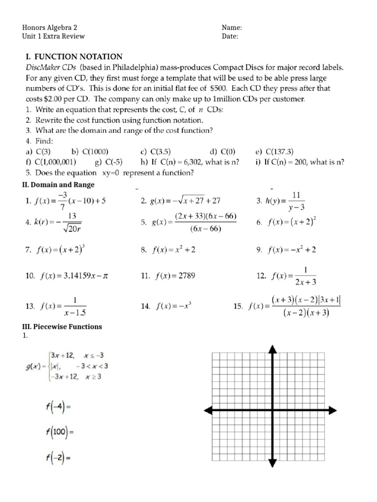 HA2 Unit 1 Functions Extra Review | PDF