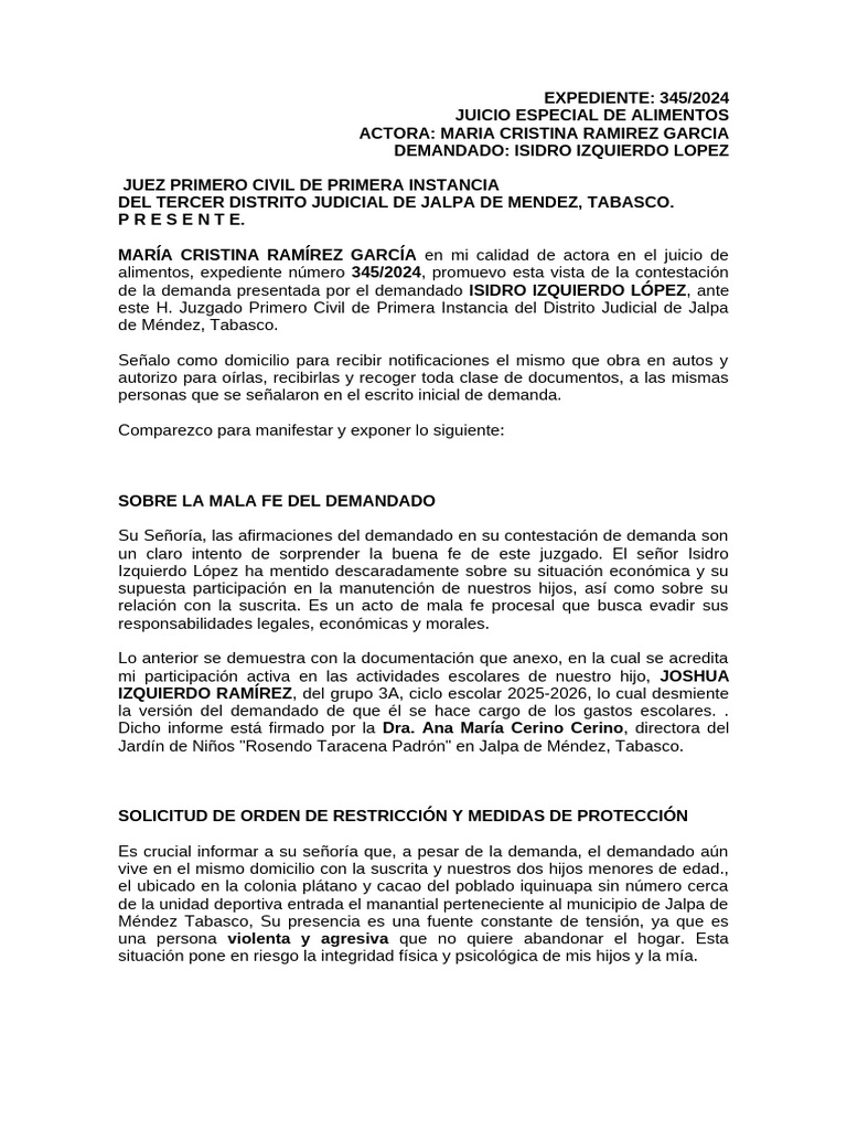 MARÍA CRISTINA RAMÍREZ GARCÍA en Mi Calidad de Actora en El Juicio de ...