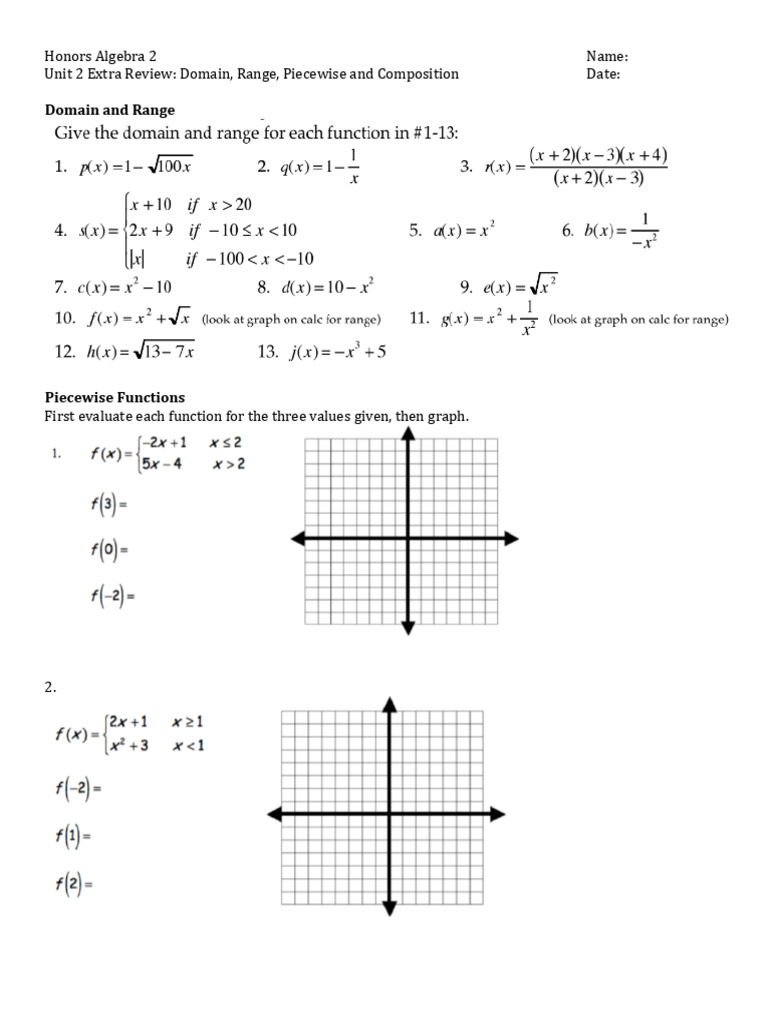 HA2-Domain and Range, Piecewise, And Composition Extra Practice | PDF