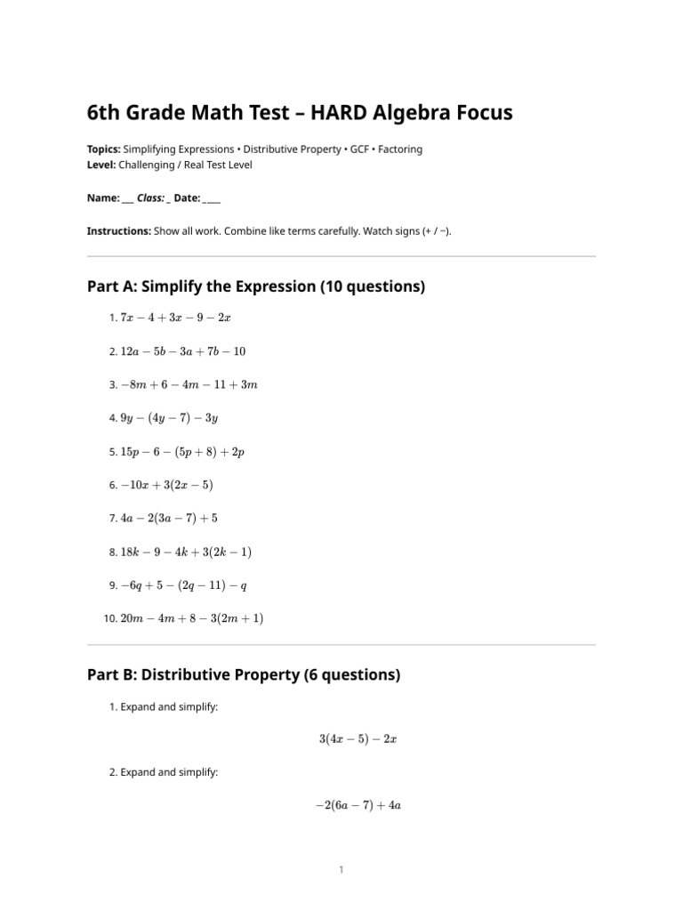 6th Grade Math Test – Hard Algebra (Factoring & Simplifying Focus) | PDF