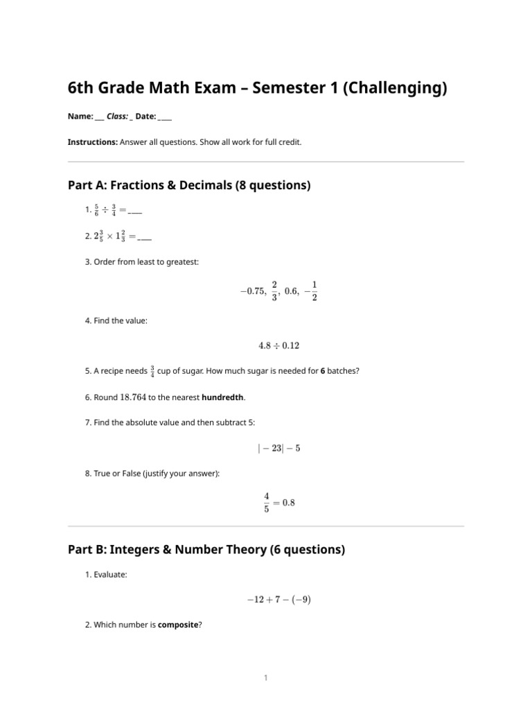 6th Grade Math Exam – Semester 1 | PDF | Numbers | Equations