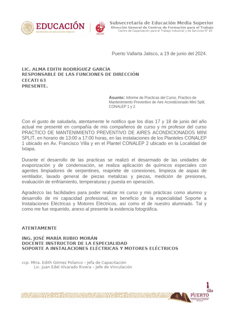 Informe Practicas Aire Acon CONALEP 1 y 2 Junio 2024 | PDF