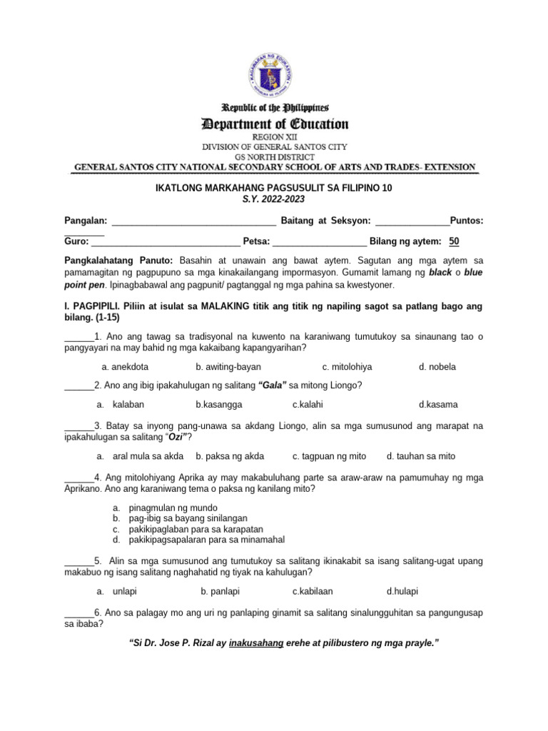 Exam 1st Filipino 10 | PDF