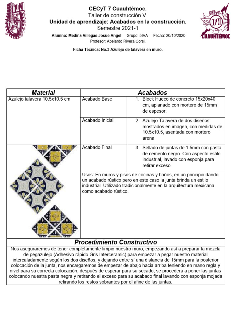 EJEMPLO FICHA TECNICA AZULEJO TALAVERA | PDF | Ingeniería de ...