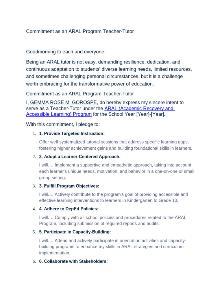 Commitment to ARAL Program Tutoring | PDF | Learning | Cognition