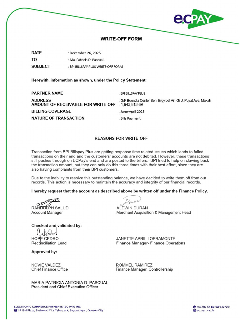 BPI Billspay Plus Write-Off Request | PDF