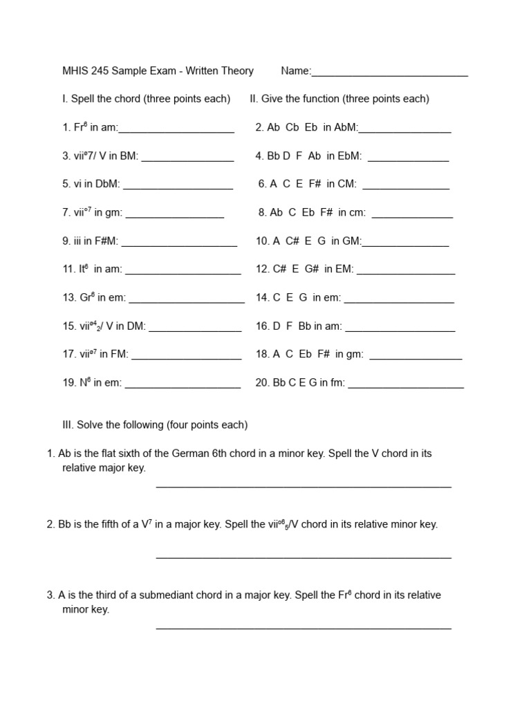 MHIS 245 Sample Exam - Written Theory | PDF | Minor Scale | Chord (Music)