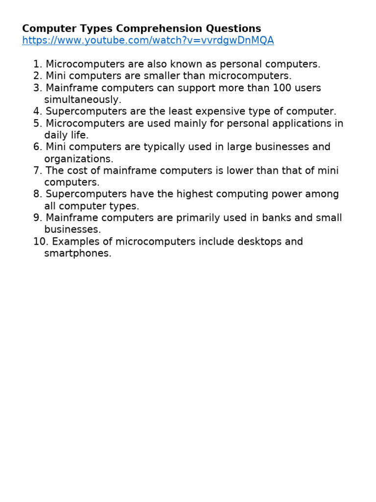 Computer Types Quiz and Answers | PDF