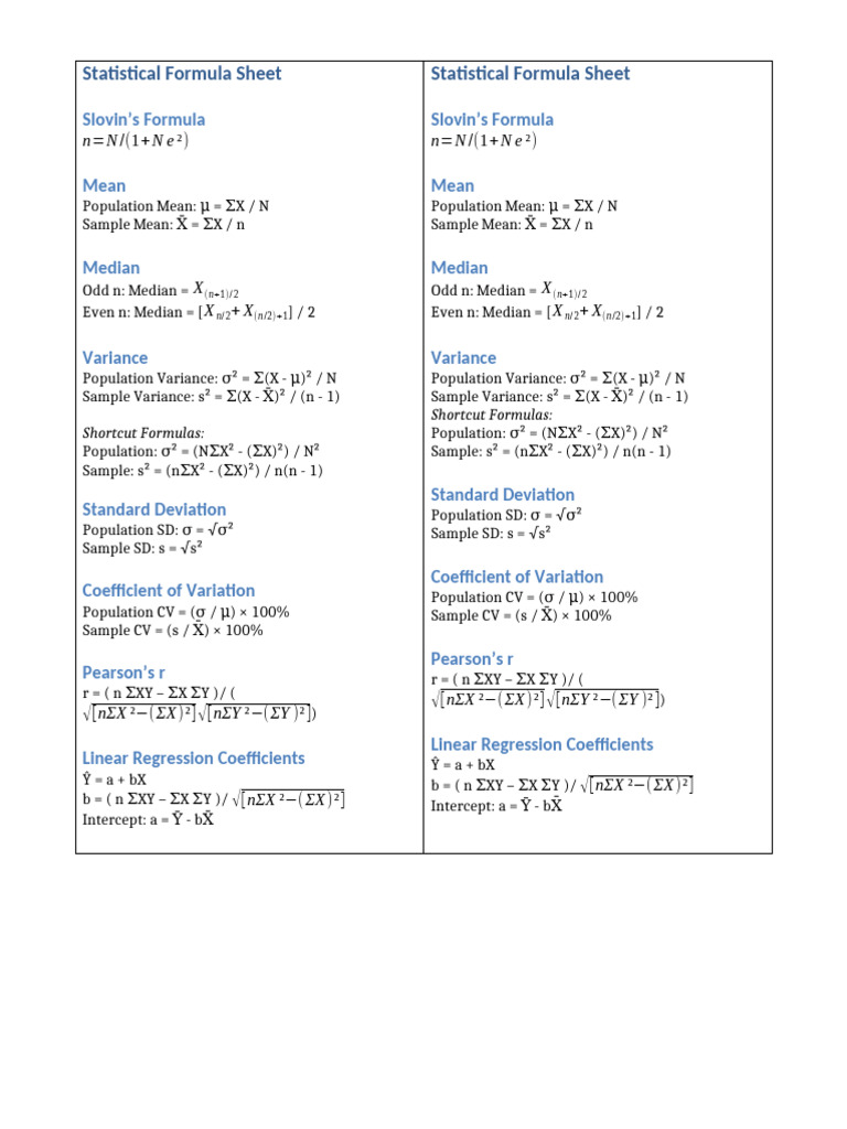 Statistical Formula Sheet | PDF