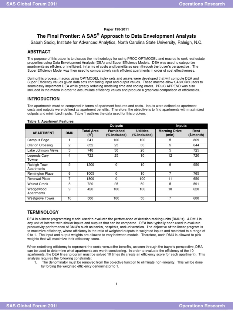 The Final Frontier A SAS Approach To Data Envelopment Analysis | PDF | Sas (Software) | Applied ...