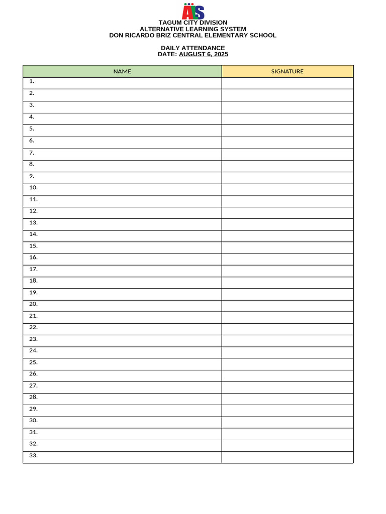 Tagum City ALS Daily Attendance Form | PDF