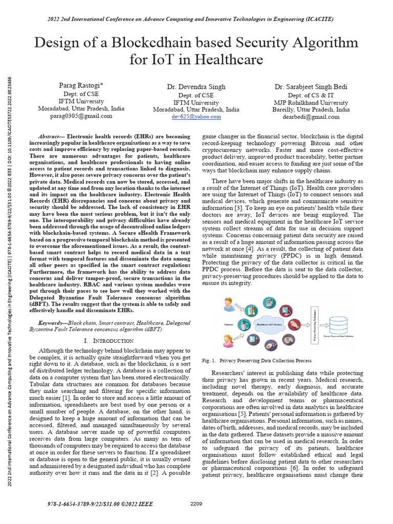 Design of a Blockchain based security algorithm for IoT in healthcare - Rastogi 2022 | PDF | Key ...