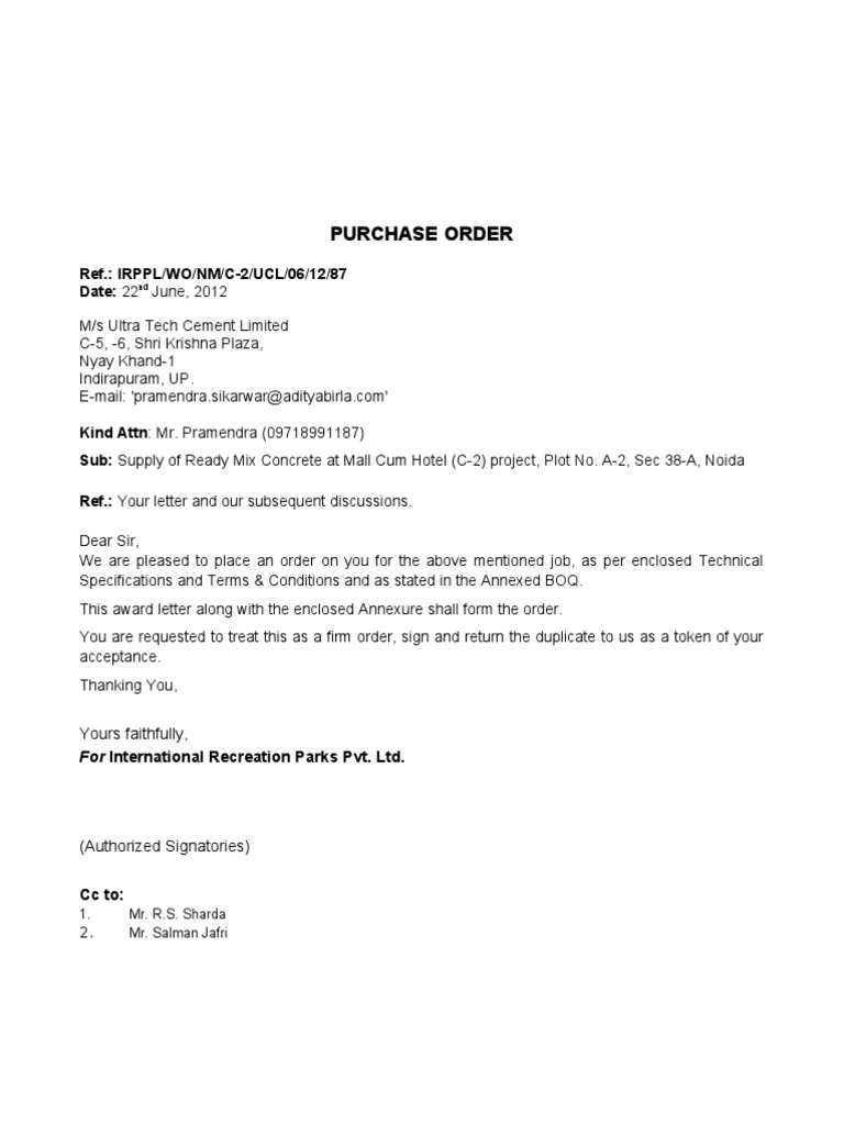 Ready Mix Concrete Purchase Order | PDF | Invoice | Concrete