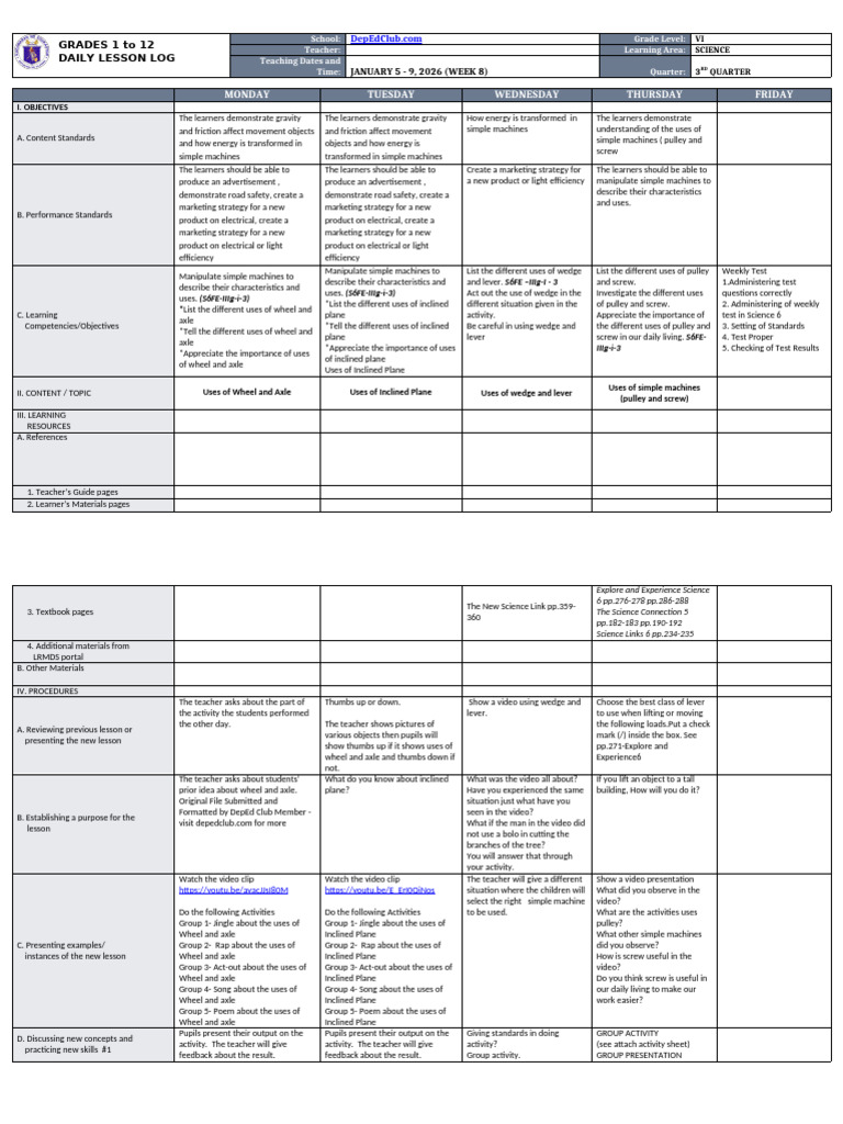 DLL_SCIENCE 6_Q3_W8 | PDF | Machines | Mechanical Engineering