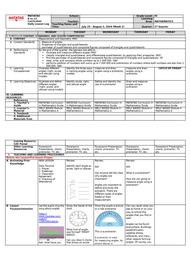 MATATAG DLL WEEK 1 MATH G4 | PDF | Angle | Geometric Measurement