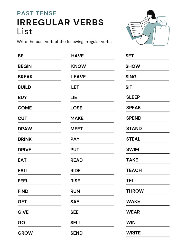 Past Tense Irregular Verbs List Worksheet in Pastel Green Simple Style ...