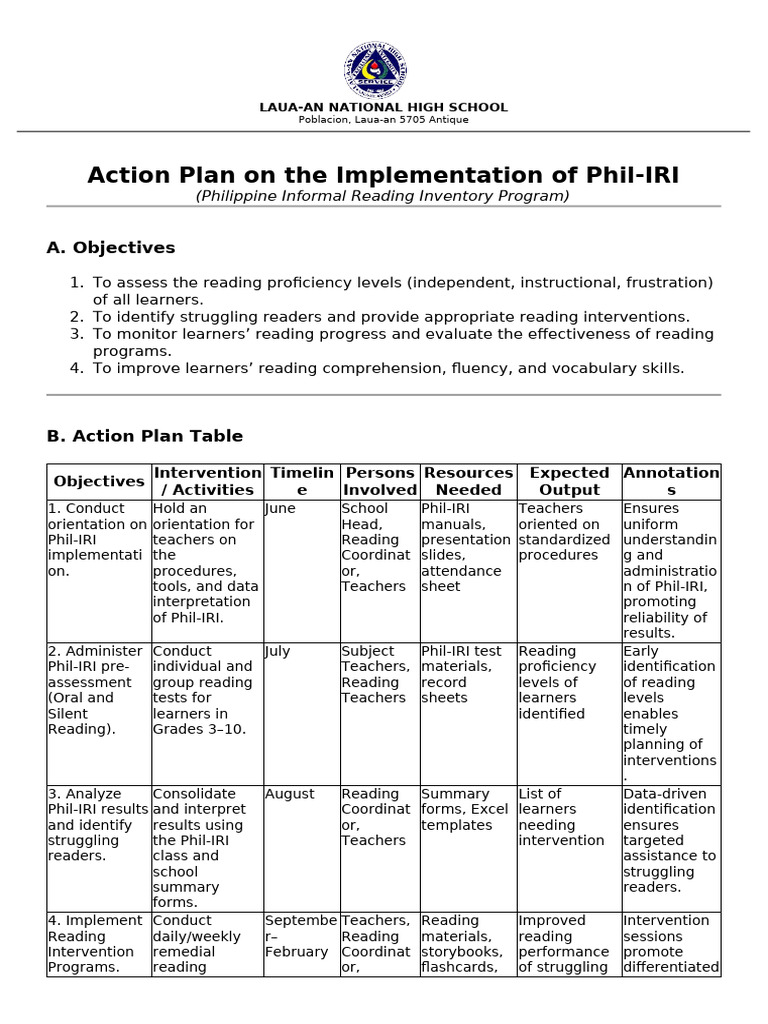 Action Plan - Phil-IRI | PDF | Reading Comprehension | Educational Assessment