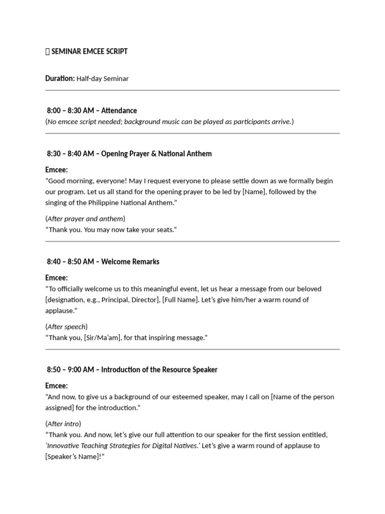 ? SEMINAR EMCEE SCRIPT | PDF