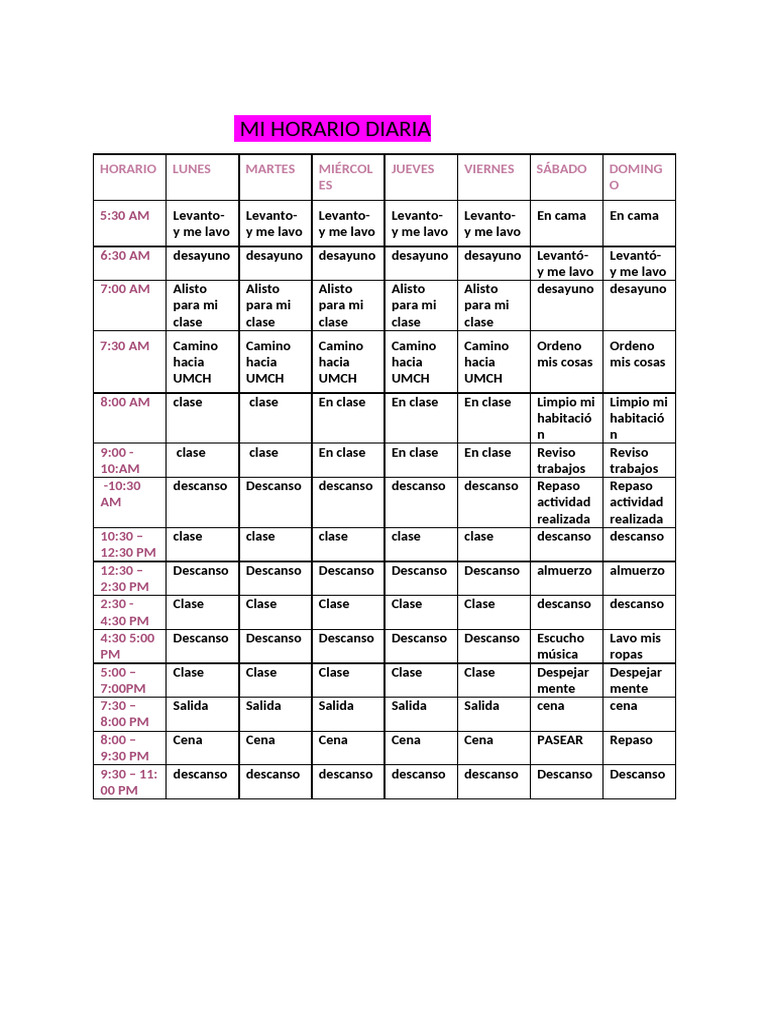 Mi Horario Diario | PDF | Cena | Comida