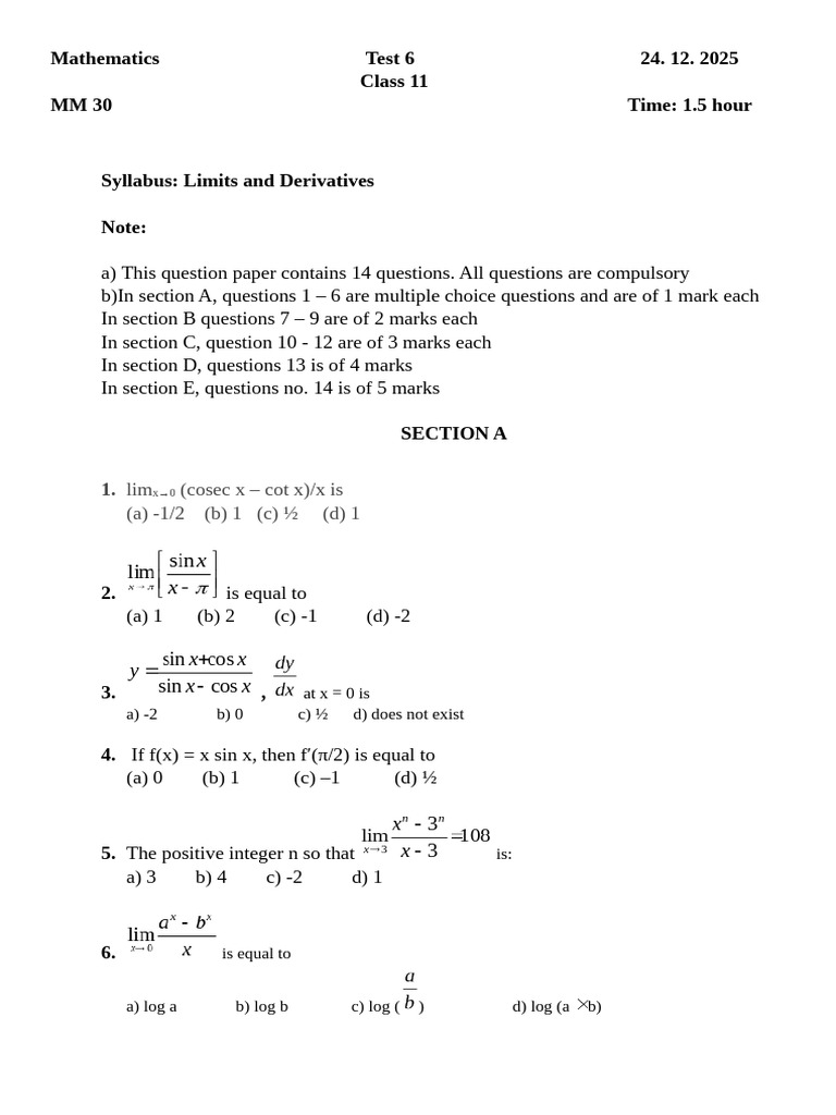 Limits and Derivatives Test | PDF