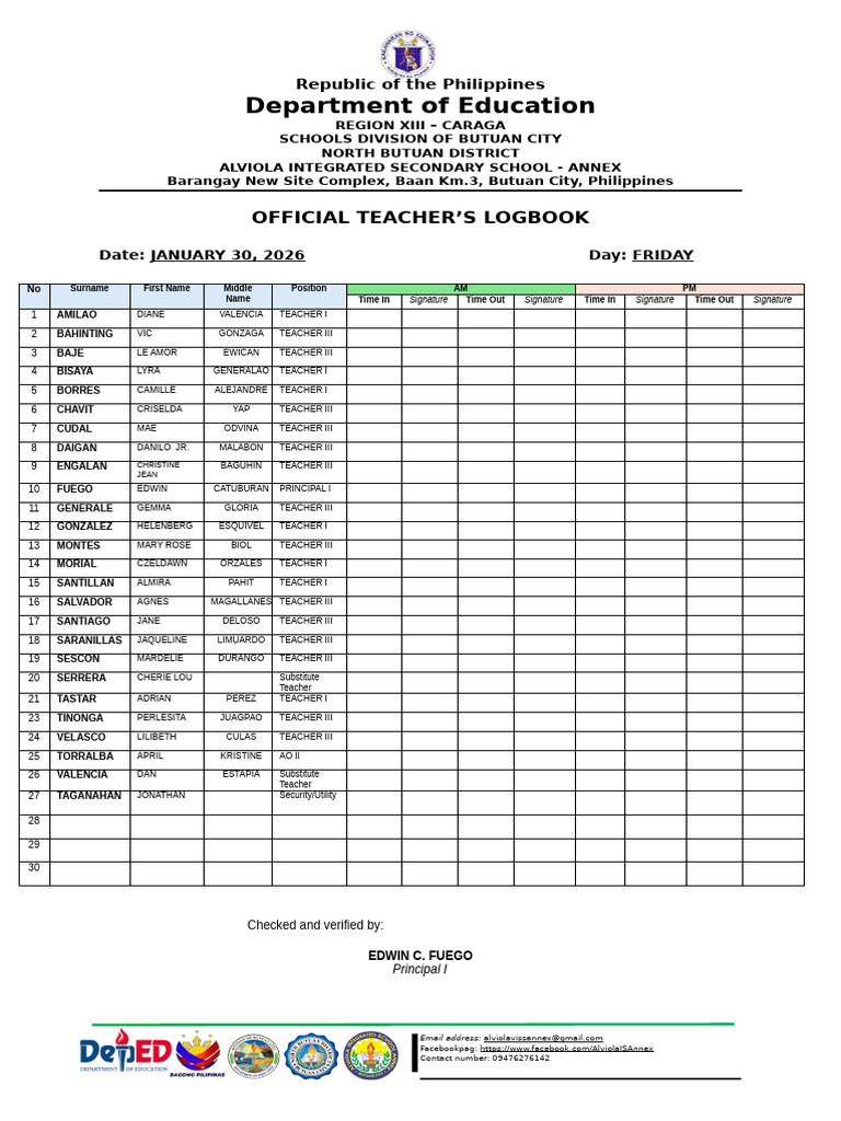 Alviola Integrated School Teacher Logbook | PDF