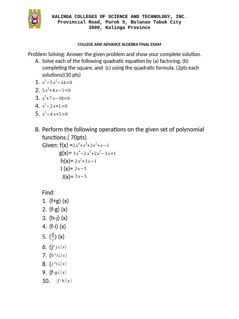 College and Advance Algebra Final Exam | PDF